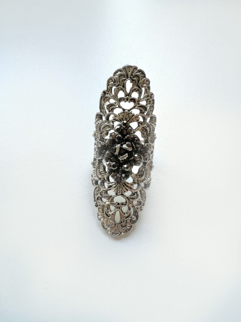 Ring - Vintage Filligree Silver Tone. Large Design with Black Chipped ...